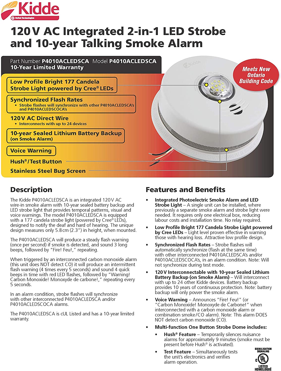 Kidde P4010ACLEDSCA 2 in 1 integrated 120 V AC wire-in smoke alarm wit ...