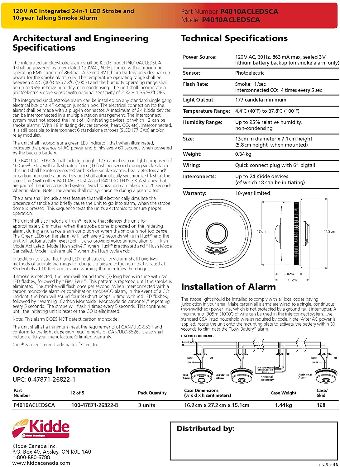 Kidde P4010ACLEDSCA 2 in 1 integrated 120 V AC wire-in smoke alarm wit ...